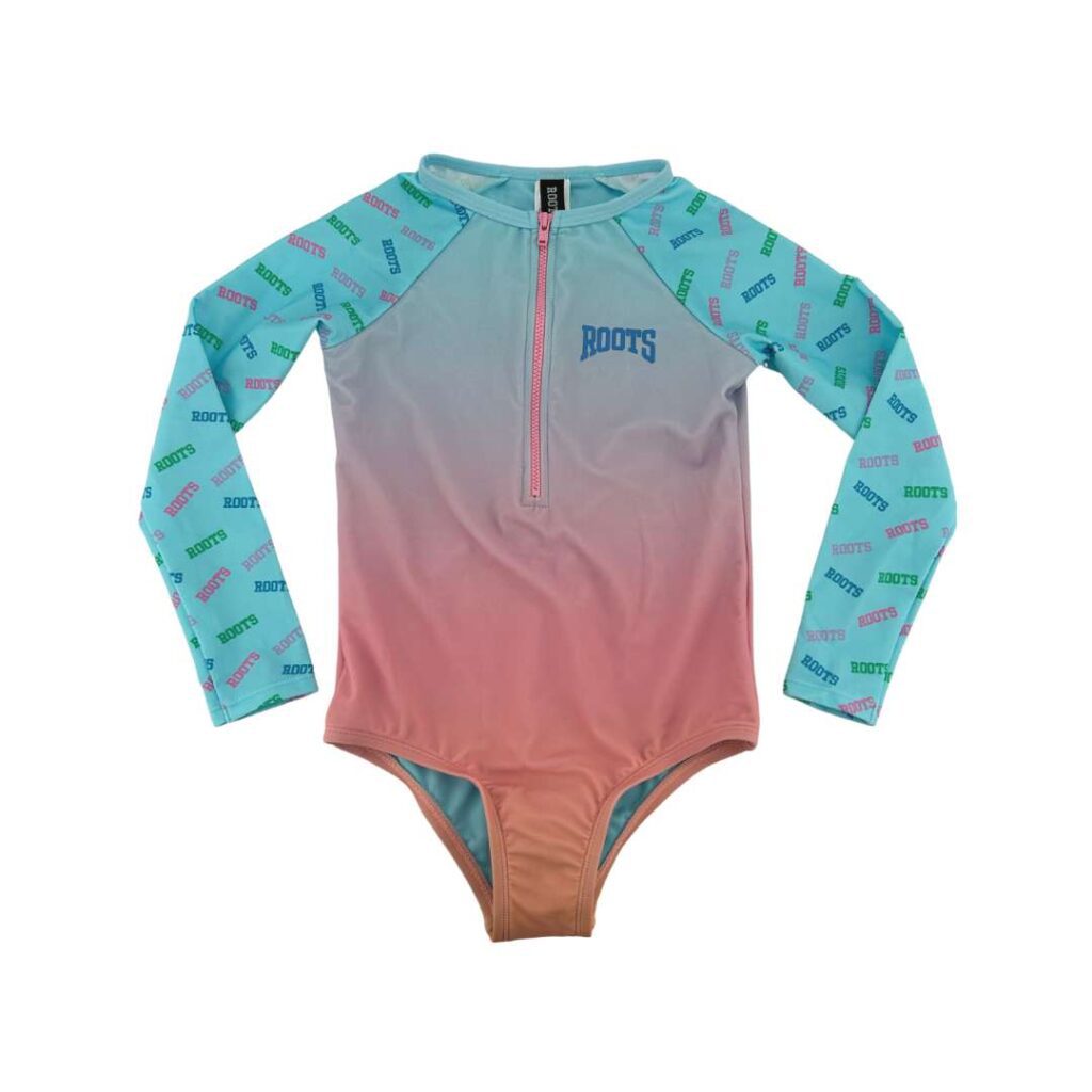 Roots Girl’s Long Sleeve One Piece Bathing Suit / Blue & Pink ...