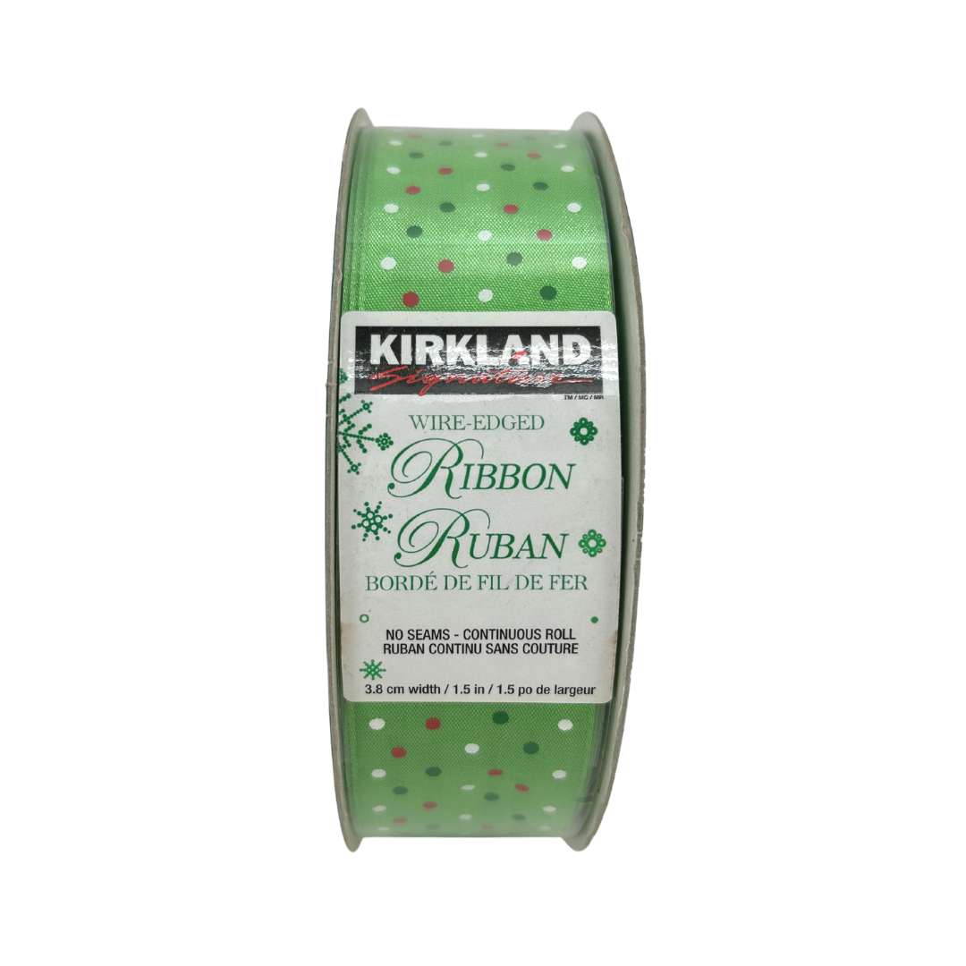 Kirkland Signature 1.5″ Wired Edge Christmas Ribbon / Green with Polka ...