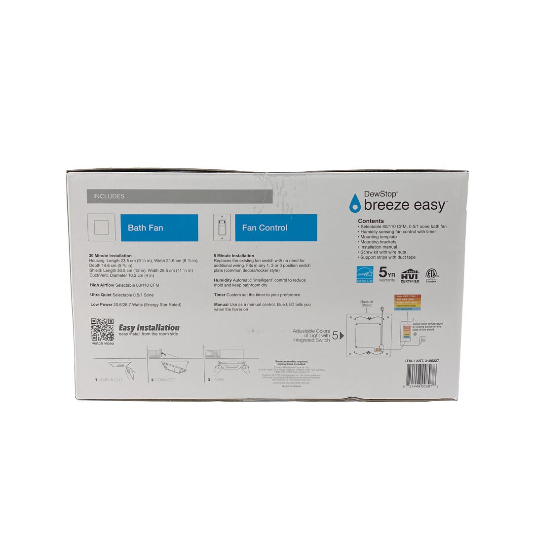 DewStop Breeze Easy Bath Fan w/ Selectable LED Lighting and Fan Control ...